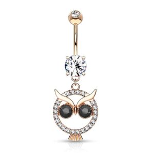 amelia fashion 14ga crystal paved black eyed owl dangle belly button/navel ring 316l surgical steel (choose color) (rose gold/clear)