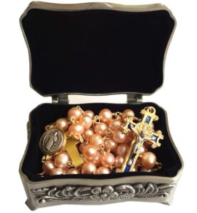 elegantmedical pink 8mm real pearl beads st. benedict gold rosary cross necklace & box catholic gifts