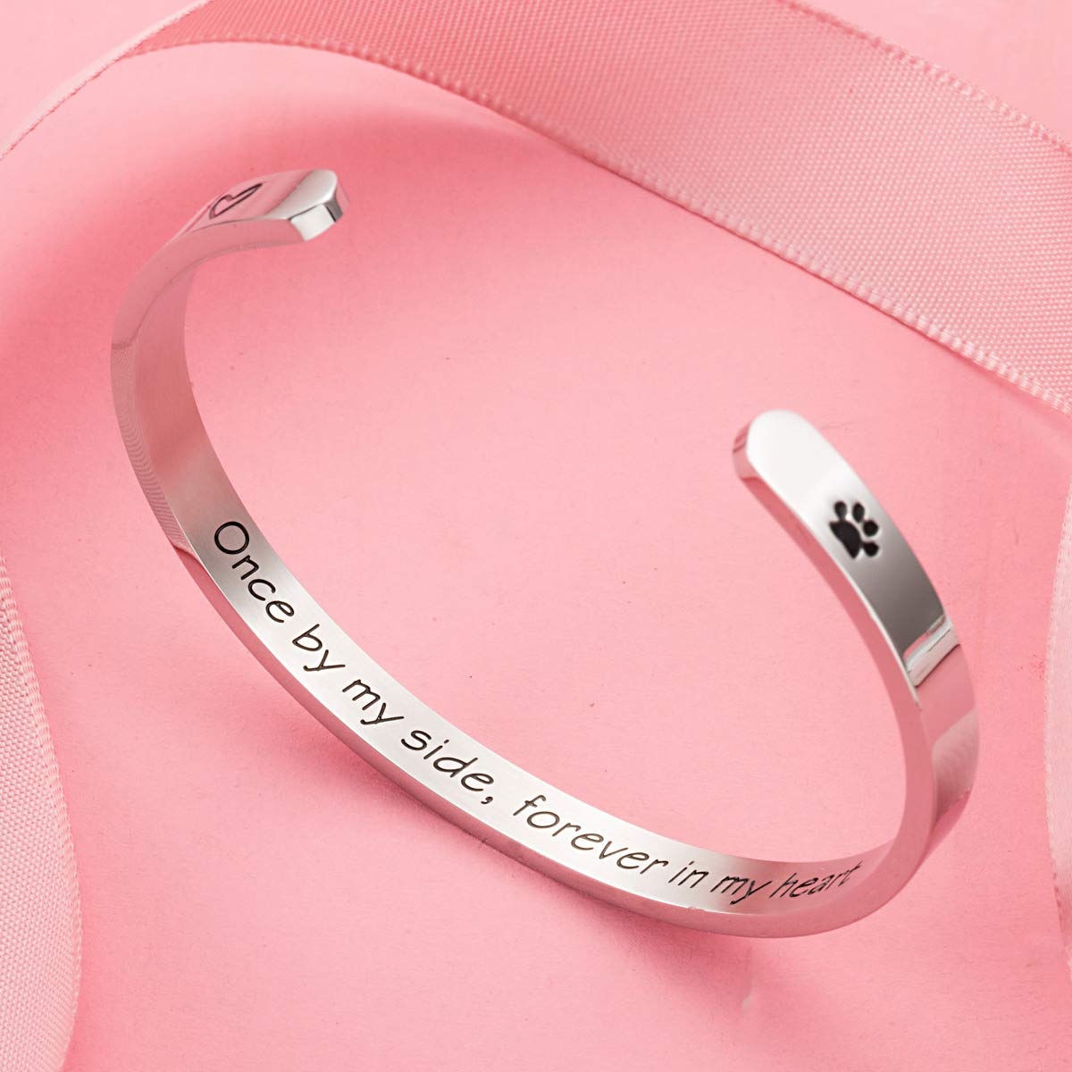 Raysunfook Once by My Side Forever in My Heart Pet Sympathy Gift Bracelet Pet Remembrance Jewelry Dog Memorial Cuff Loss of Pet Gifts (Bangle - Once by my side, forever in my heart)