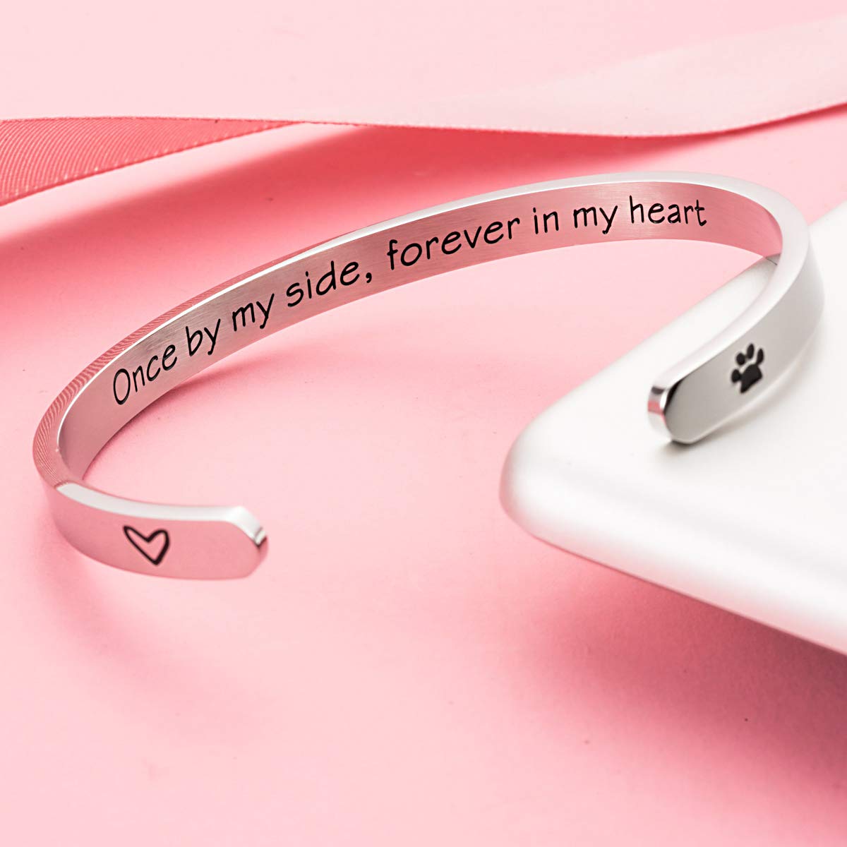 Raysunfook Once by My Side Forever in My Heart Pet Sympathy Gift Bracelet Pet Remembrance Jewelry Dog Memorial Cuff Loss of Pet Gifts (Bangle - Once by my side, forever in my heart)