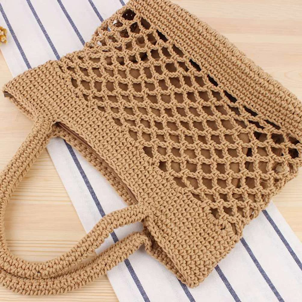 Straw Shoulder Beach Bag Cotton Thread Hand-crocheted Bag Handmade Shoulder Bag Large Capacity Messenger Bag for Women (Brown)