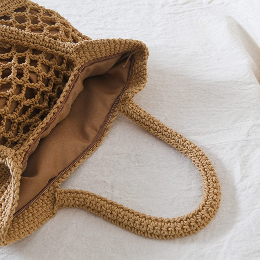 Straw Shoulder Beach Bag Cotton Thread Hand-crocheted Bag Handmade Shoulder Bag Large Capacity Messenger Bag for Women (Brown)