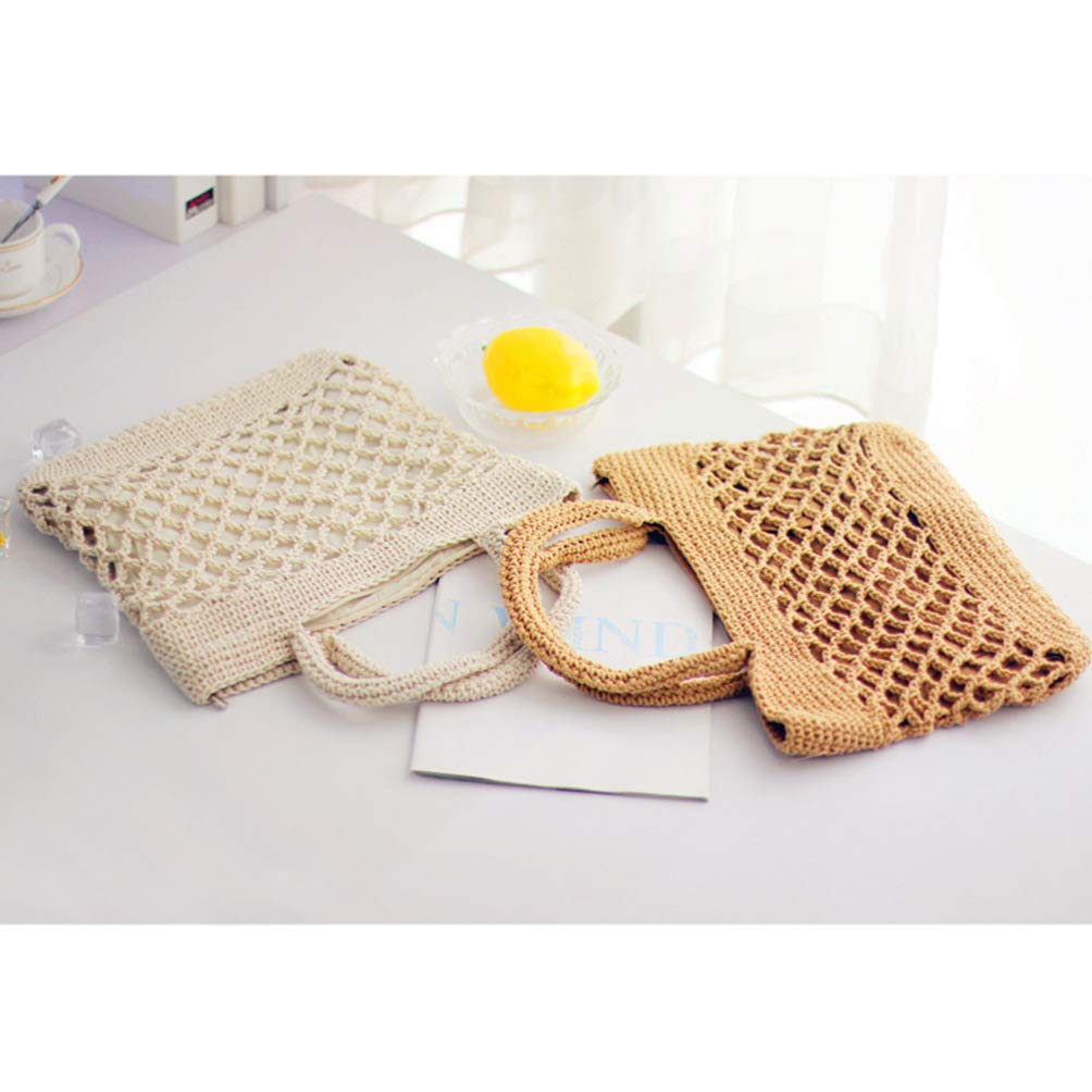 Straw Shoulder Beach Bag Cotton Thread Hand-crocheted Bag Handmade Shoulder Bag Large Capacity Messenger Bag for Women (Brown)