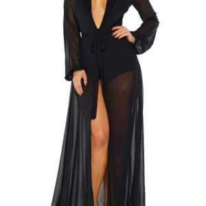 Pink Queen Women's Long Sleeve Flowy Maxi Bathing Suit Swimsuit Tie Front Robe Cover Up Black XL