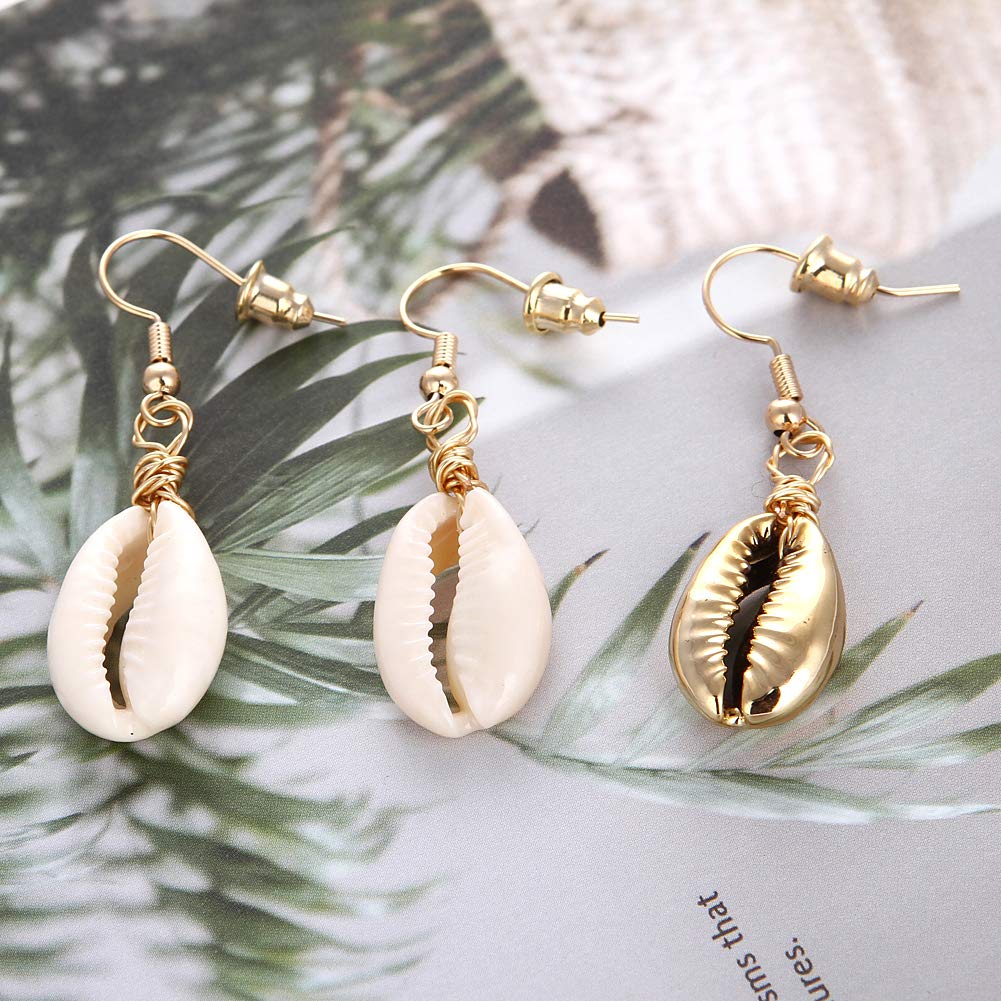 Barch Young Natural Cowrie Shell Earring for Women with Bohemia Style for Summer Beach (1# White)