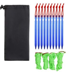 tent stake pegs pack of 10 with 44m reflective lines ropes and 4 line cord adjuster stakes for camping hiking (blue)