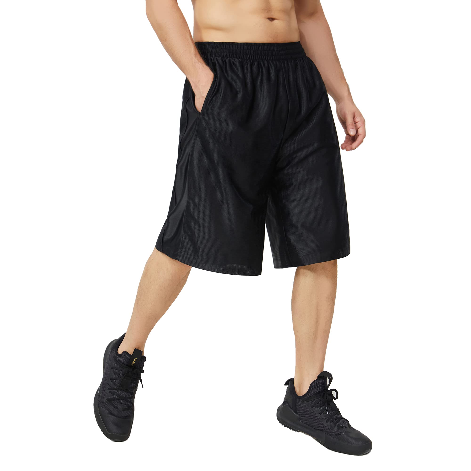 Men's Quick-Dry Athletic Shorts - Mesh-Lined, Pocketed, Over-Knee with 11"-13" Inseam,Adjustable Drawstring, Large, Black