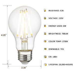 Emliviar A19 LED Light Bulb Dimmable 4 Pack, Antique 6W LED Edison Bulb, 60 Watt Equivalent, 2700K 700 Lumen Warm White, Clear Glass, CRI 80+, A19-LED