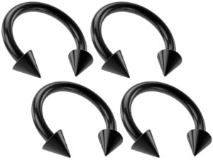 4pc 18g surgical stainless steel black horseshoe hoop 3mm spike circular barbells earrings cartilage helix septum nose lip rings - 8mm