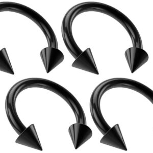 4pc 18g Surgical Stainless Steel Black Horseshoe Hoop 3mm Spike Circular Barbells Earrings Cartilage Helix Septum Nose Lip Rings - 8mm