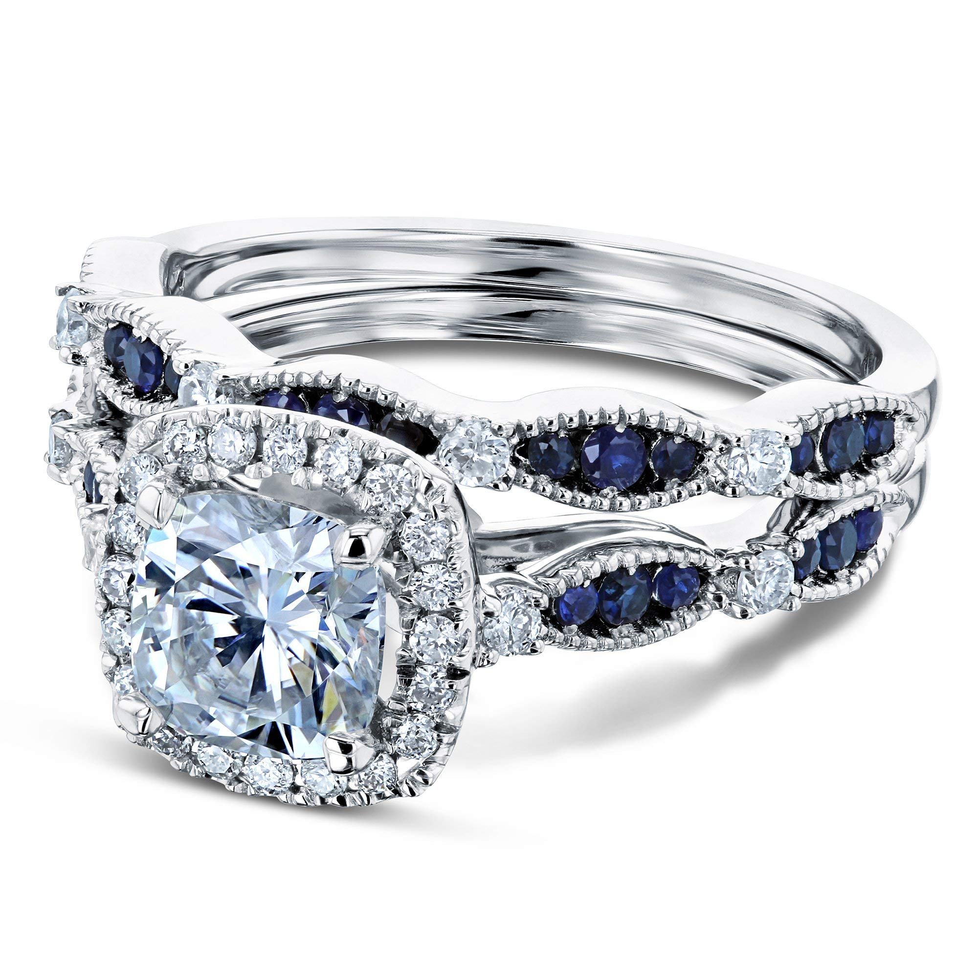 Kobelli Moissanite and Blue Sapphire Halo Bridal Rings Set - 10.0 / G-H