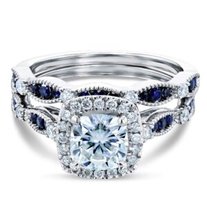 Kobelli Moissanite and Blue Sapphire Halo Bridal Rings Set - 10.0 / G-H