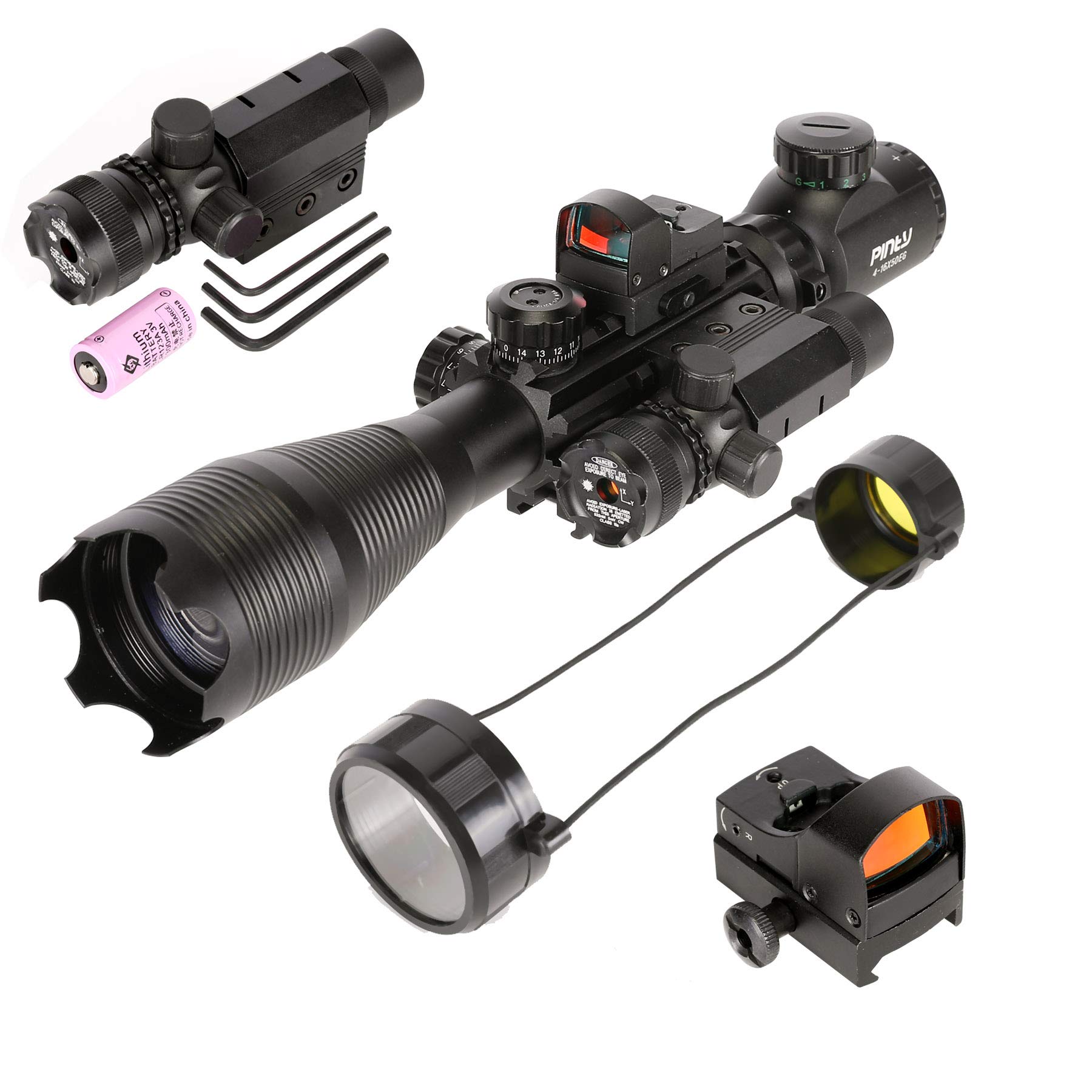 Pinty Rifle Scope 4-16x50, Illuminated Optics, Green Laser, Red-Coating Reflex Mini Sight