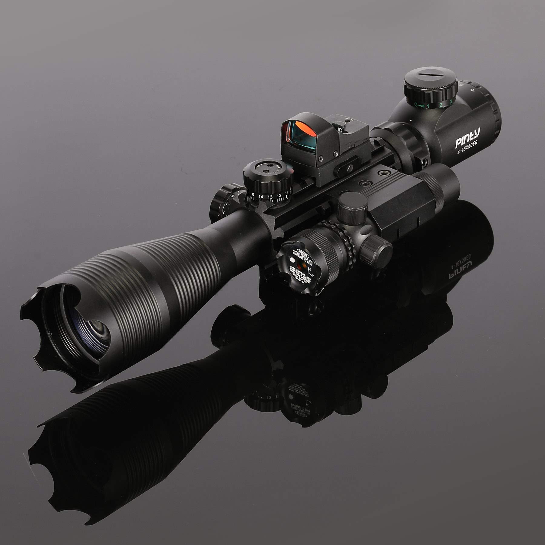 Pinty Rifle Scope 4-16x50, Illuminated Optics, Green Laser, Red-Coating Reflex Mini Sight