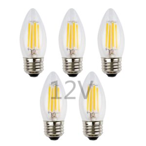 opalray 4w low voltage dc/ac 12v led bulb, dimmable with dc dimmer, e26 medium base, warm white light, clear glass torpedo tip, 400lm 40w incandescent equivalent, 12v-24v dc power input, 5 pack