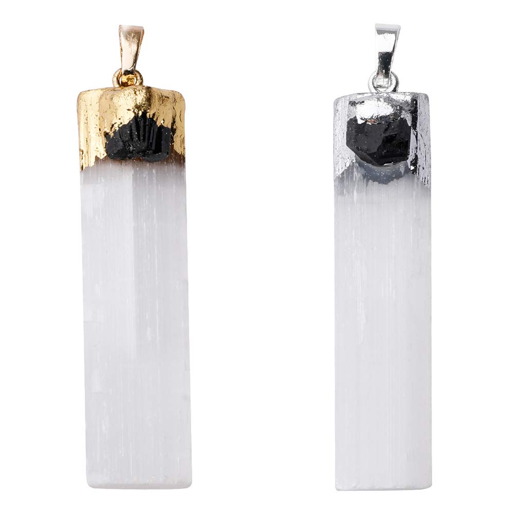 CXD-GEM Selenite Crystal Blade with Black Tourmaline Pendant 2Pcs Gold/Sliver Plated Edge Gemstone Pendant