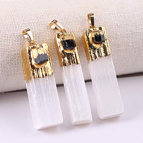 CXD-GEM Selenite Crystal Blade with Black Tourmaline Pendant 2Pcs Gold/Sliver Plated Edge Gemstone Pendant