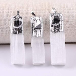 CXD-GEM Selenite Crystal Blade with Black Tourmaline Pendant 2Pcs Gold/Sliver Plated Edge Gemstone Pendant