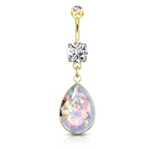 amelia fashion 14ga rainbow glitter opalite stone dangle belly button/navel ring 316l surgical steel (choose color) (gold/clear)