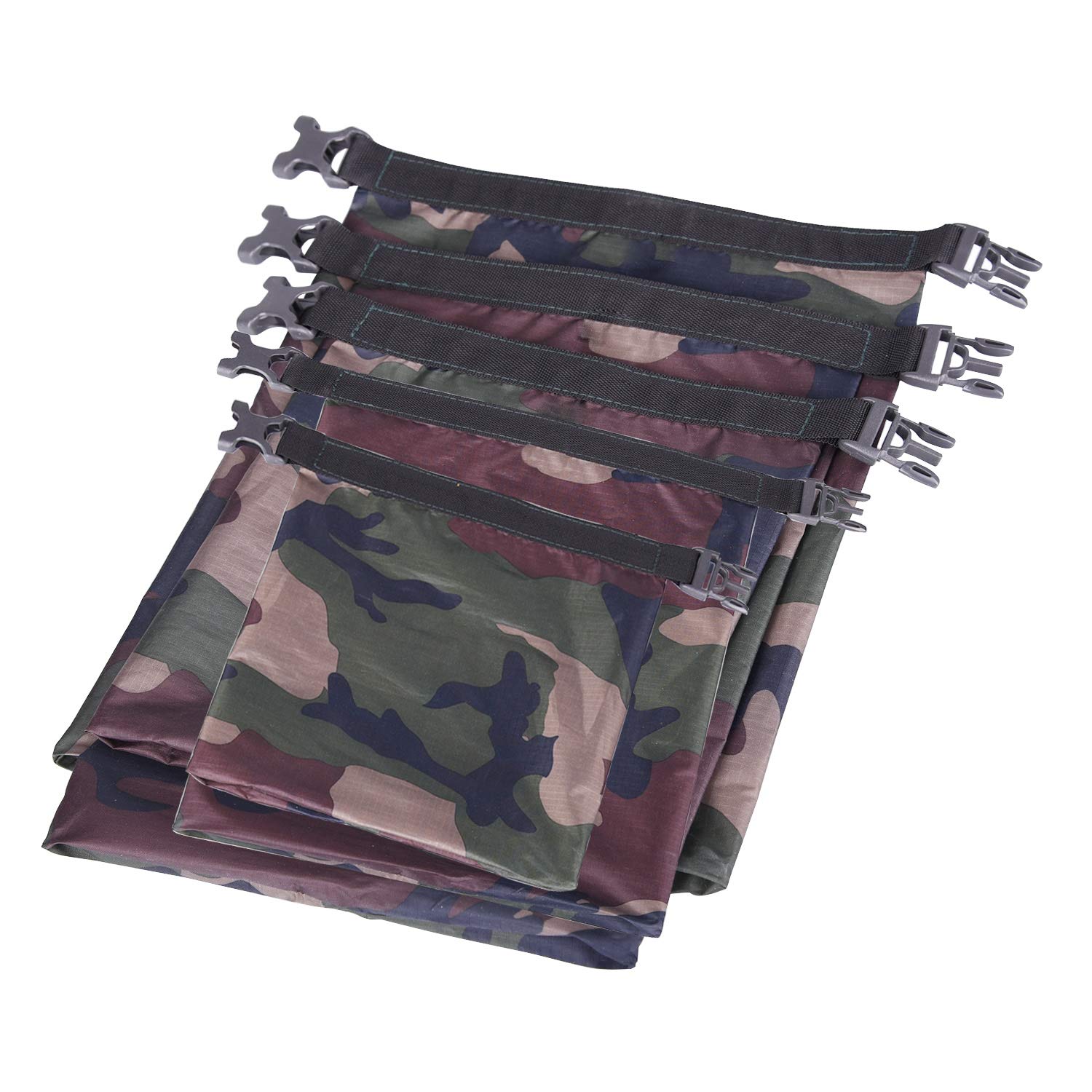 Yundxi Dry Bag Stuff Sacks Waterproof and Portable Storage Pouch for Kayaking Beach Rafting Boating Hiking Camping Surfing, Pack of 5 (Army Camo)