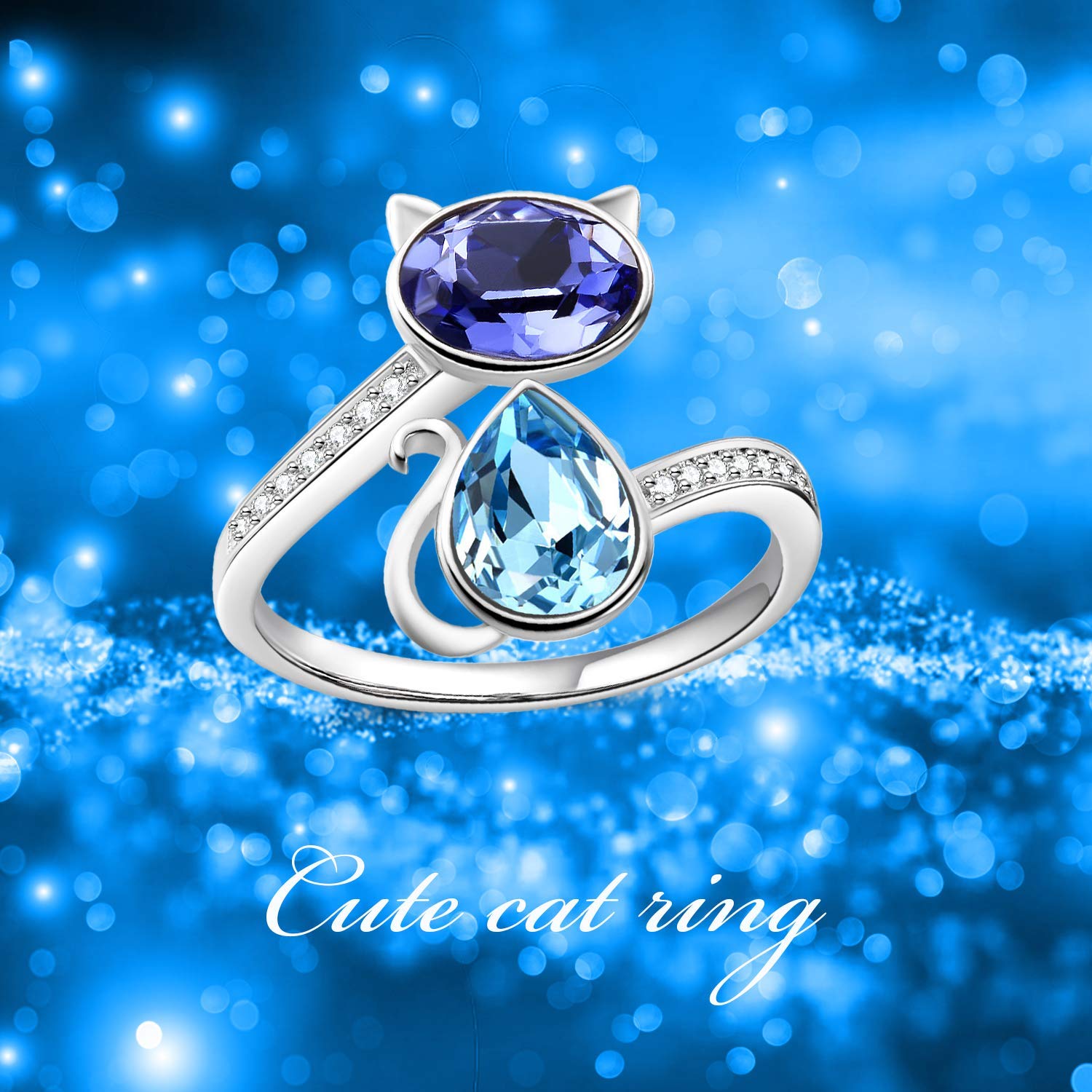 AOBOCO Sterling Silver Cat Ring, Blue Purple Crystals from Austria, Cute Pet Kitten Kitty Adjustable Open Ring, Cat Gifts for Cat Lovers, Anniversary Birthday Cat Jewelry Gifts for Women