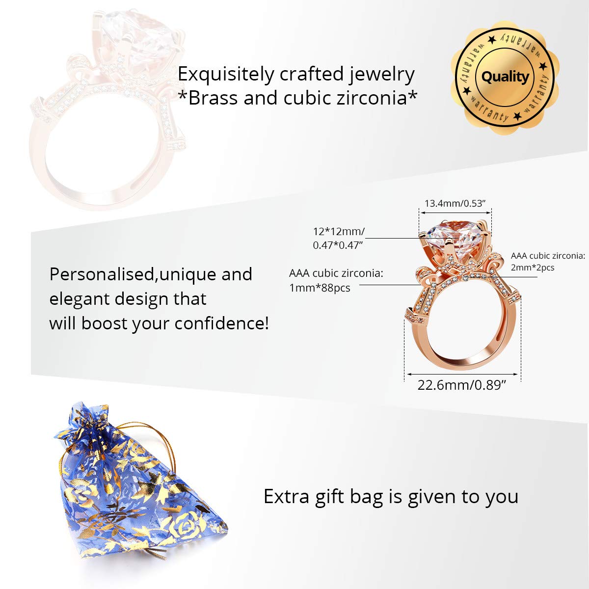 Uloveido Rose Gold Plated Round CZ Simulated Diamond Solitaire Wedding Bridal Engagement Rings for Women (Size 8) Y127