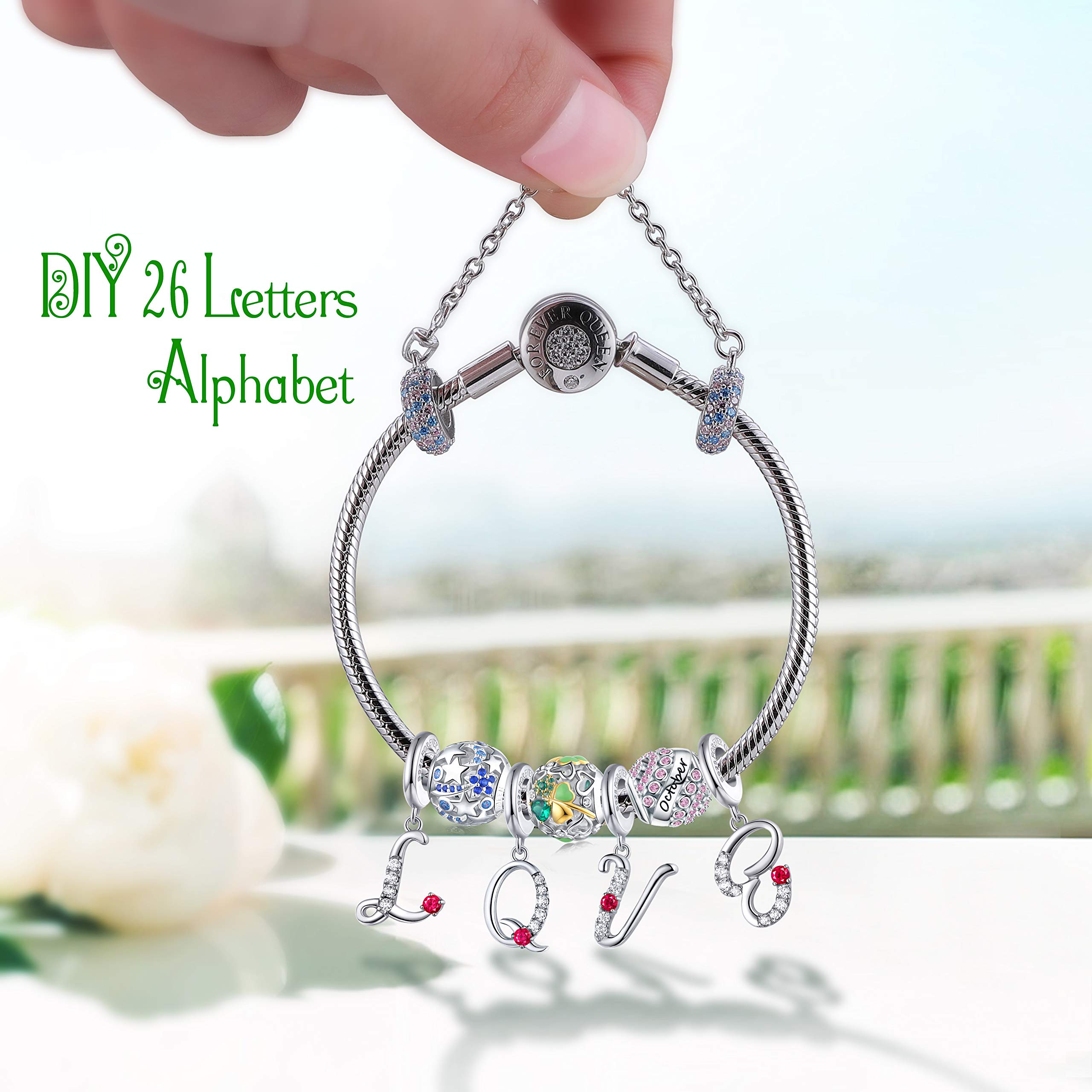 FOREVER QUEEN 925 Sterling Silver T Letter Initial Dangle Beads Charm Red Zircon Alphabet Pendants for Snake Chain Bracelets Necklace Gift Jewelry for Mother