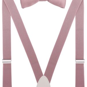 YJDS Mens' Leather Suspenders and Bowtie Set Elastic for Wedding Blush Pink 47''