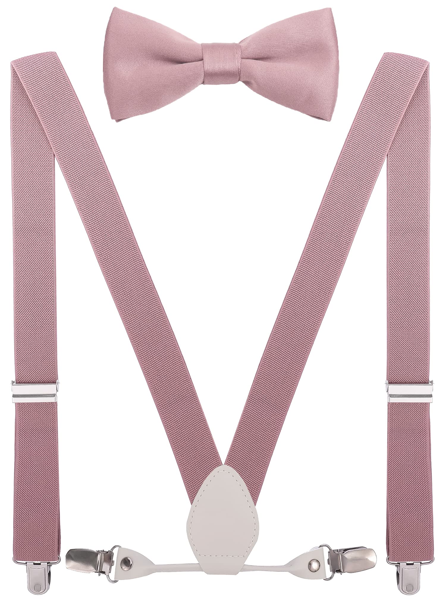 YJDS Mens' Leather Suspenders and Bowtie Set Elastic for Wedding Blush Pink 47''