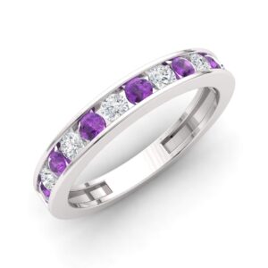 diamondere natural and certified amethyst and diamond wedding ring in 14k white gold | 0.49 carat half eternity stackable band for women, us size 8