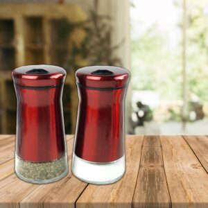 Pepper & Salt Shakers Stainless Steel Cover Glass Bottom With Rotating Adjustable Cover - Spice Sugar Shakers (Metallic Red)