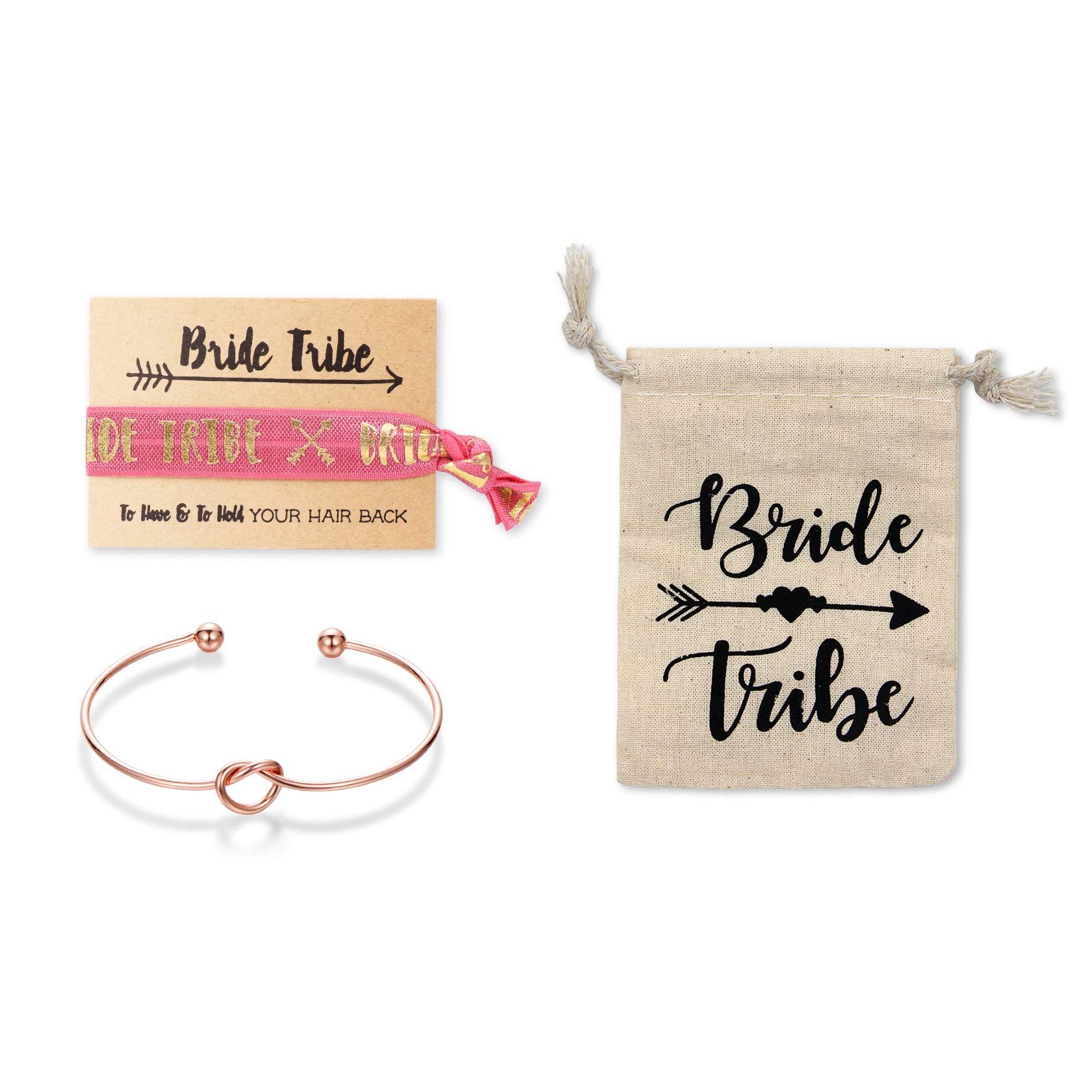 Bridemaid Love Knot Bracelets set - Mookoo 9 Set Bride Tribe Hair Tie and Bracelets Bridal Shower Cuff for Girls Women (bride tribe with 9 bags)