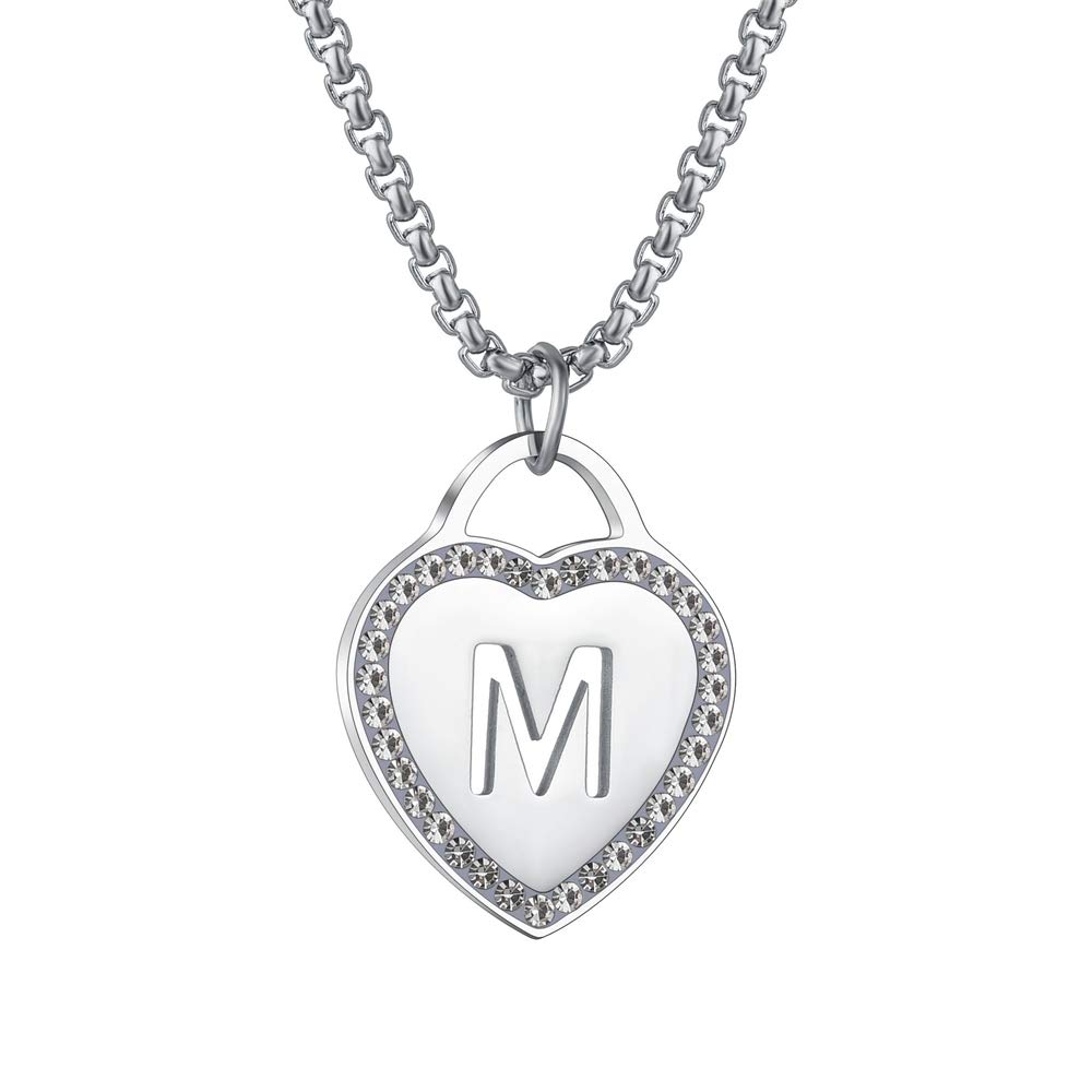 CALIS Women's Silver Initial Necklace Stainless Steel Love Heart Tiny Letter Necklace Personalized Name Jewelry for Girlfriend Gift Alphabet Letter M