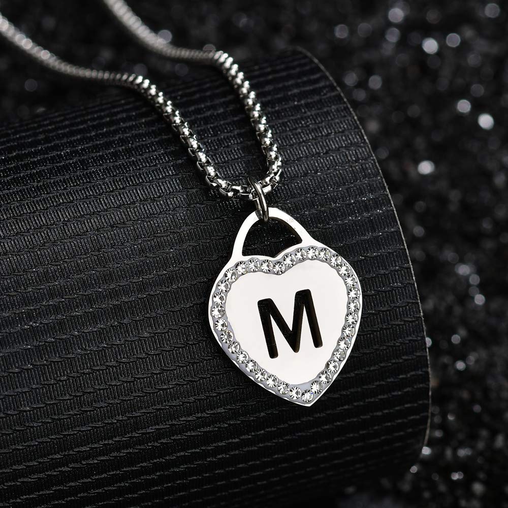 CALIS Women's Silver Initial Necklace Stainless Steel Love Heart Tiny Letter Necklace Personalized Name Jewelry for Girlfriend Gift Alphabet Letter M