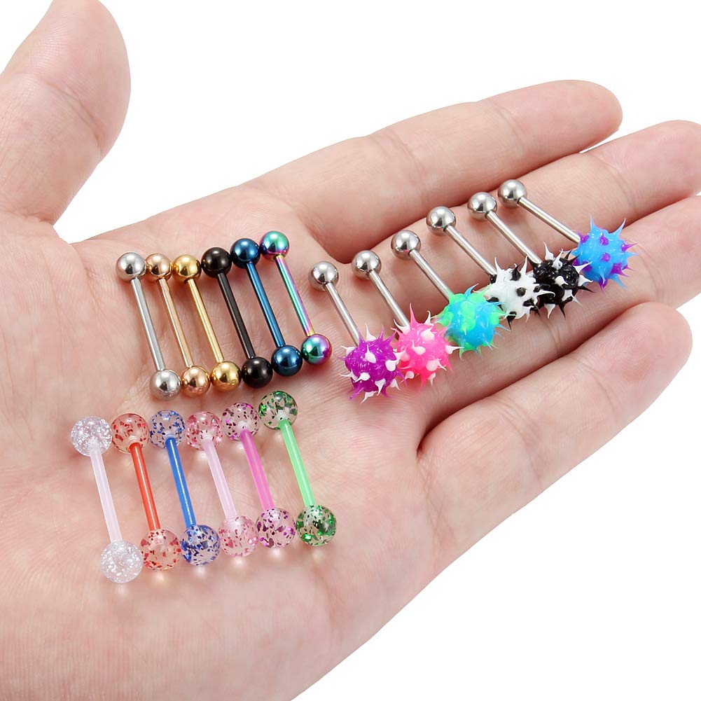 Hoeudjo 18Pcs 14G Tongue Rings Surgical Steel Soft Silicone Nipple Straight Barbells Bar Piercing Jewelry for Women Men 16mm (5/8 Inch) Silver-tone Rose Gold Black