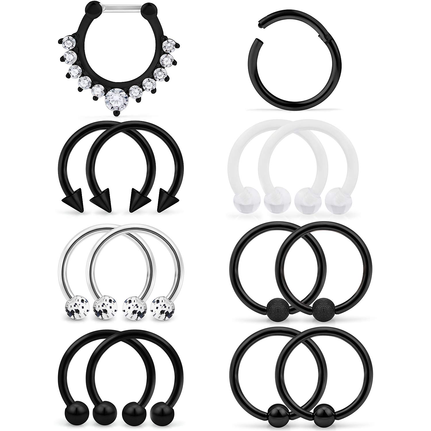 Yaalozei 16G Black Septum Rings Piercing Jewelry 16 Gauge Stainless Surgical Steel Septum Jewelry Horseshoes Cubic Zirconia Crystal Septum Nose Rings Earrings Hoop Piercing Jewelry for Women Men 10MM