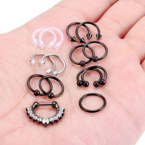 Yaalozei 16G Black Septum Rings Piercing Jewelry 16 Gauge Stainless Surgical Steel Septum Jewelry Horseshoes Cubic Zirconia Crystal Septum Nose Rings Earrings Hoop Piercing Jewelry for Women Men 10MM