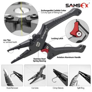 SAMSFX Aluminum Fishing Pliers Hook Remover Braid Line Cutter with Coiled Lanyard, Fly Fishing Knot Tying Tool & Retractors (Gray Handle, Split Ring Nose)