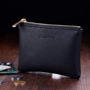 Chelmon Vegan Leather Coin Purse Pouch Change Purse With Zipper For Men Women (Black Up)