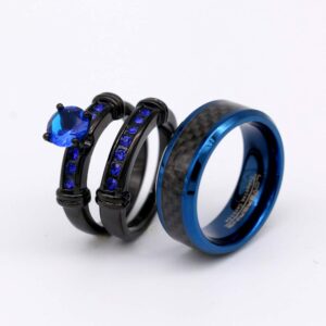 ringheart 2 Rings His and Hers Couple Rings Bridal Sets Black Gold Filled Blue Cz Womens Wedding Ring Sets Man Tungsten Carbide Ring Band