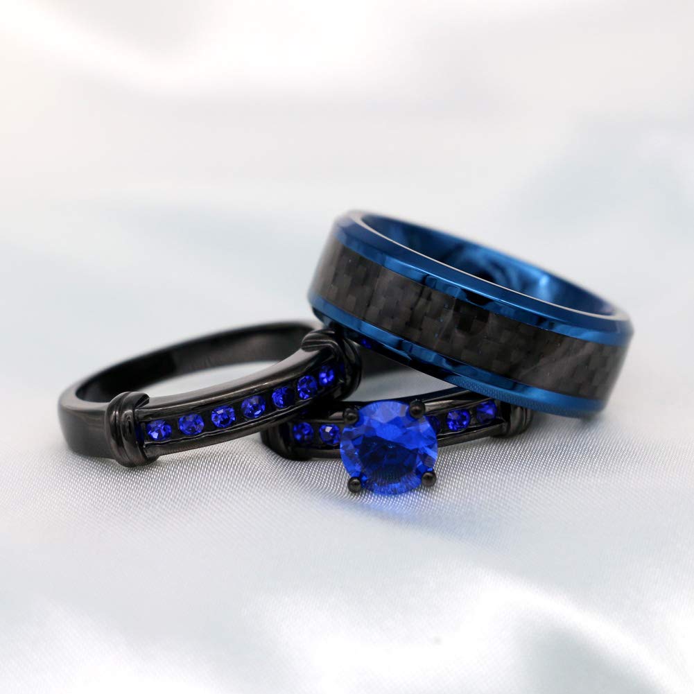 ringheart 2 Rings His and Hers Couple Rings Bridal Sets Black Gold Filled Blue Cz Womens Wedding Ring Sets Man Tungsten Carbide Ring Band