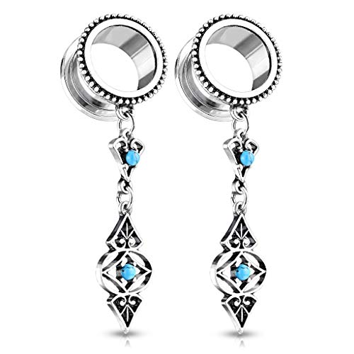 Pierced Owl Antique Silver Plated Tribal Dangling Turquoise Charms Screw Fit Tunnel Plugs, Sold as Pair (6mm (2GA))