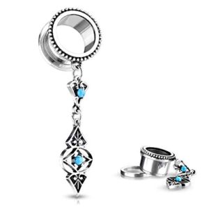 Pierced Owl Antique Silver Plated Tribal Dangling Turquoise Charms Screw Fit Tunnel Plugs, Sold as Pair (6mm (2GA))