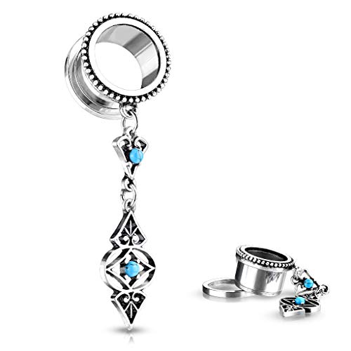 Pierced Owl Antique Silver Plated Tribal Dangling Turquoise Charms Screw Fit Tunnel Plugs, Sold as Pair (6mm (2GA))