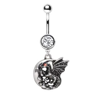 pierced owl dragon in crescent moon fantasy dangling charm belly button navel ring