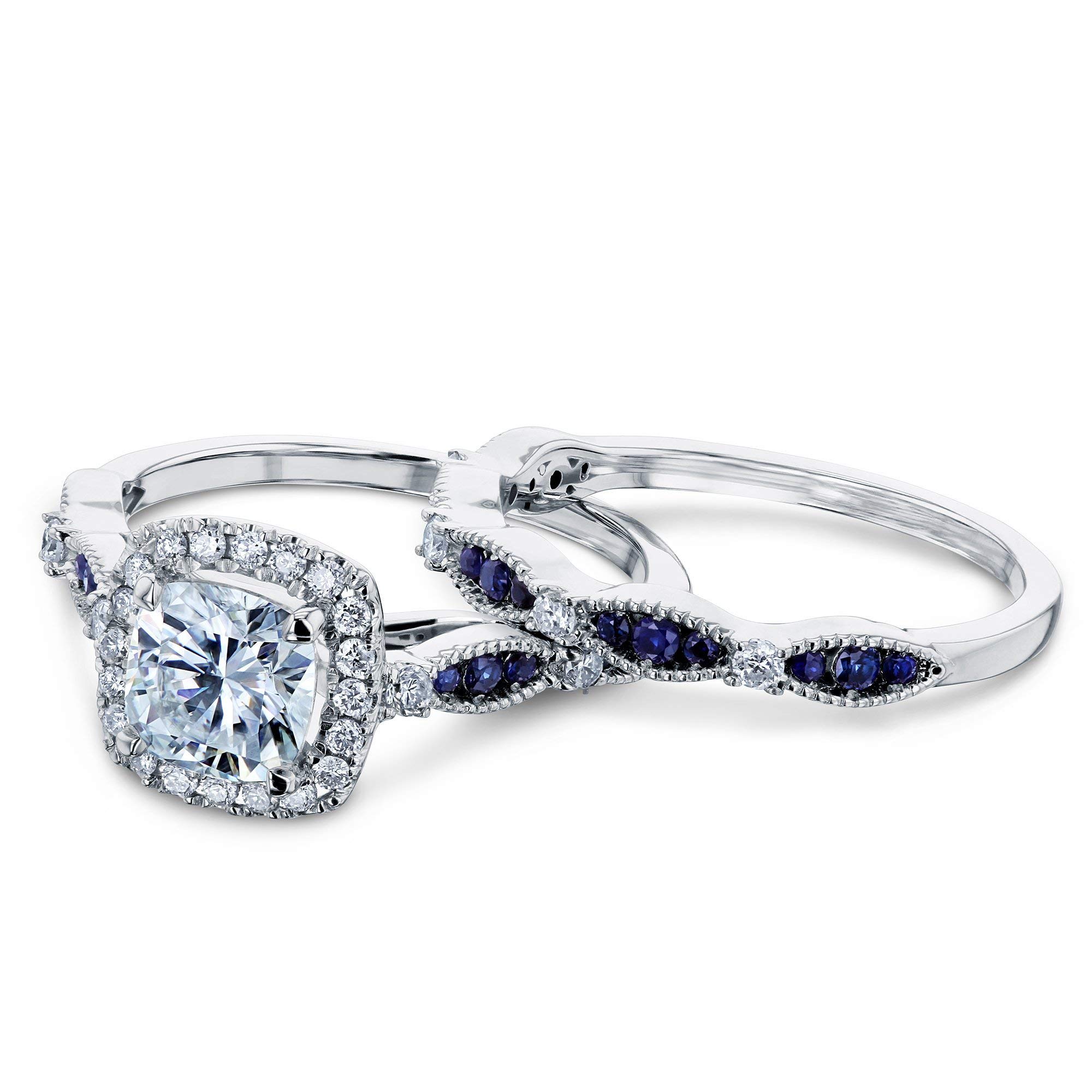 Kobelli Moissanite and Blue Sapphire Halo Bridal Rings Set - 8.0 / G-H