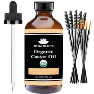 joyal beauty castor oil usda certified organic(4oz). 100% pure cold pressed unrefined hexane free glass bottle. hair eyelashes eyebrows lash serum. for face, skin, body, belly button. free mascara