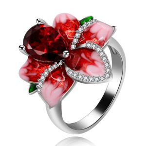 uloveido pear cut simulated ruby single bloom rose flower comfort fit cocktail ring platinum plated big floral rings wedding party jewelry for women (size 6) ra627