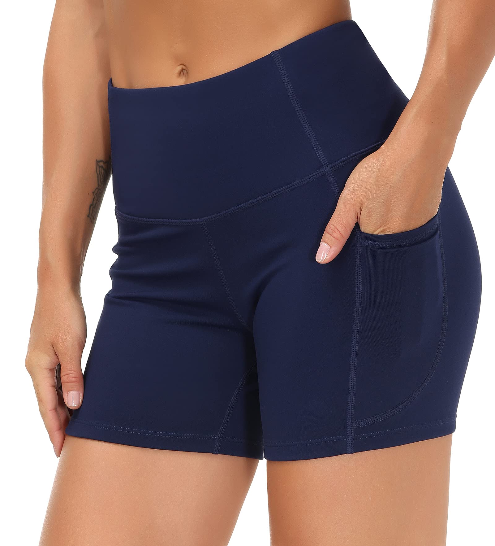 THE GYM PEOPLE High Waist Yoga Shorts for Women's Tummy Control Fitness Athletic Workout Running Shorts with Deep Pockets (Small, Blue)