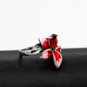 Uloveido Pear Cut Simulated Ruby Single Bloom Rose Flower Comfort Fit Cocktail Ring Platinum Plated Big Floral Rings Wedding Party Jewelry for Women (Size 6) RA627